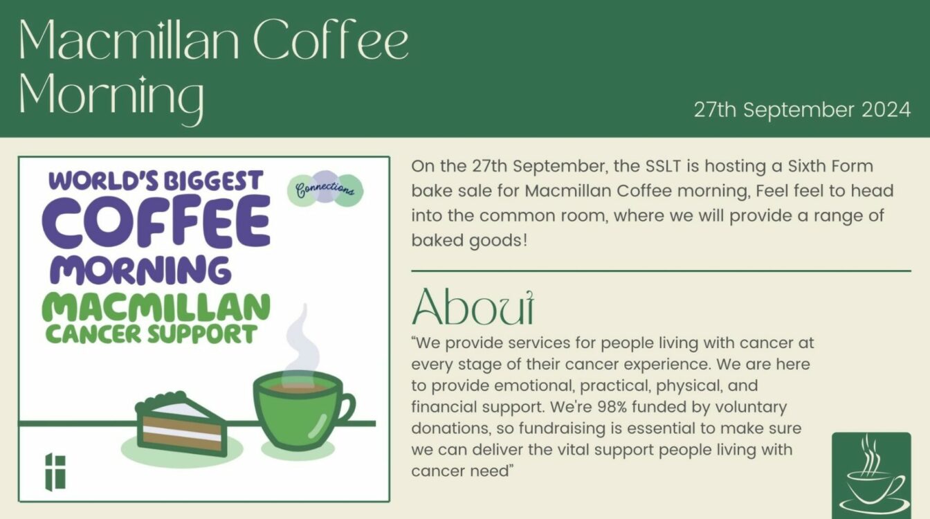 Macmillan Coffee Morning Friday 27th September - St Paul's Catholic School